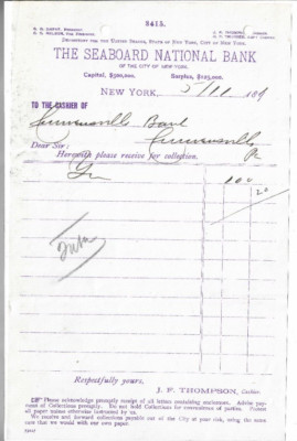 1891 Interbank Collections Slip, Seaboard National Bank, New York City ...