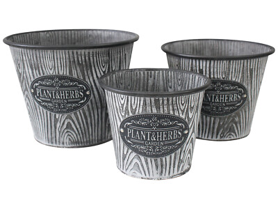 SET OF 3 DISTRESSED BLACK METAL ROUND PLANTER POTS STORAGE TUBS BUCKET ...