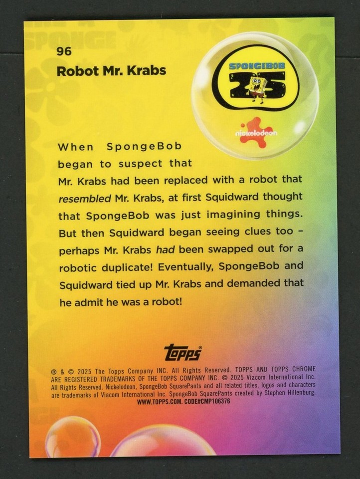 2025 Topps Chrome SpongeBob Sapphire Robot Mr. Krabs Black Refractor #2 ...