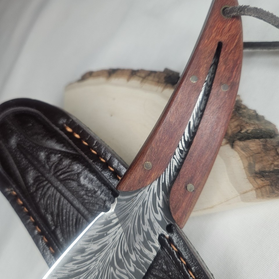 STAINLESS STEEL FEATHER PATTERN DAMASCUS KNIFE FIXED BLADE FULL TANG ...