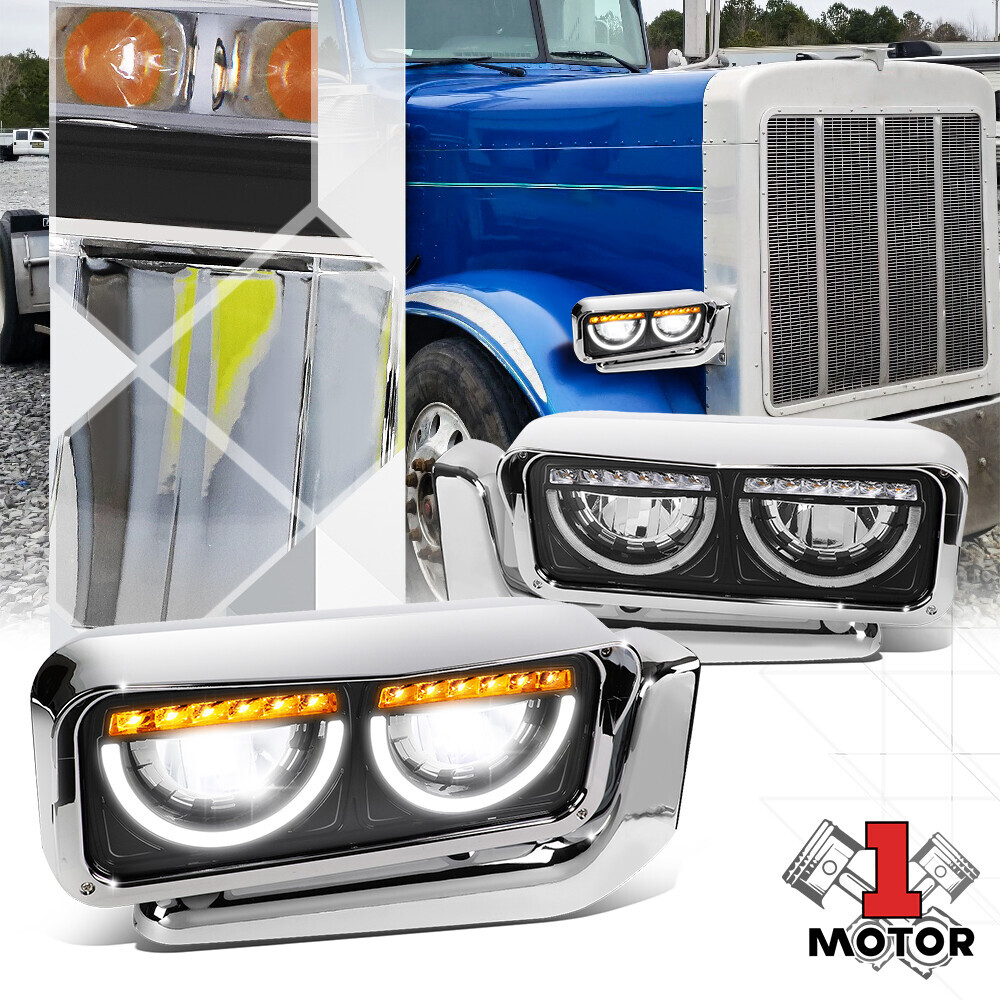 Black LED [U-Halo Ring+Turn Signal] Headlights for 81-21 Peterbilt 359 ...