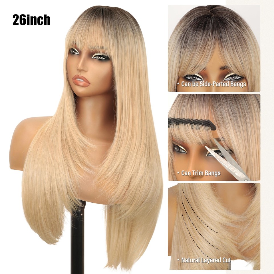 Blonde 26-inch Long Wig with Bangs for Women - Straight Layered Style ...