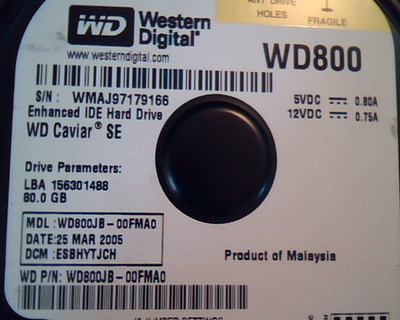 Hard Disk Drive IDE Western Digital WD800JB-00FMA0 WD800 156301488 80GB ...