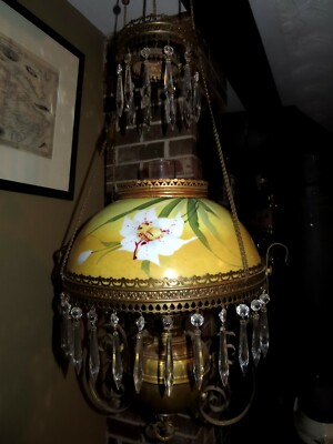 Victorian 1800's Hand Painted Hanging Parlor Lamp with Lily Design | eBay