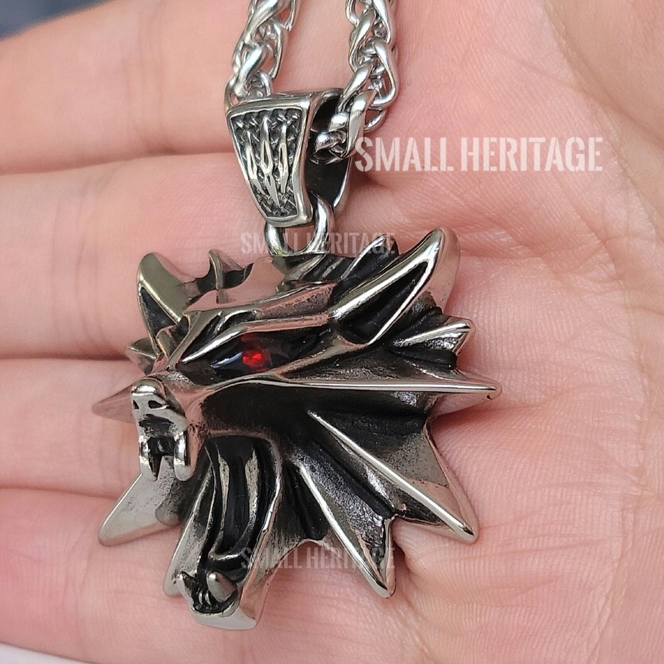 Wolf Head Witcher Necklace Stainless Steel Large Pendant Chain Wizard ...