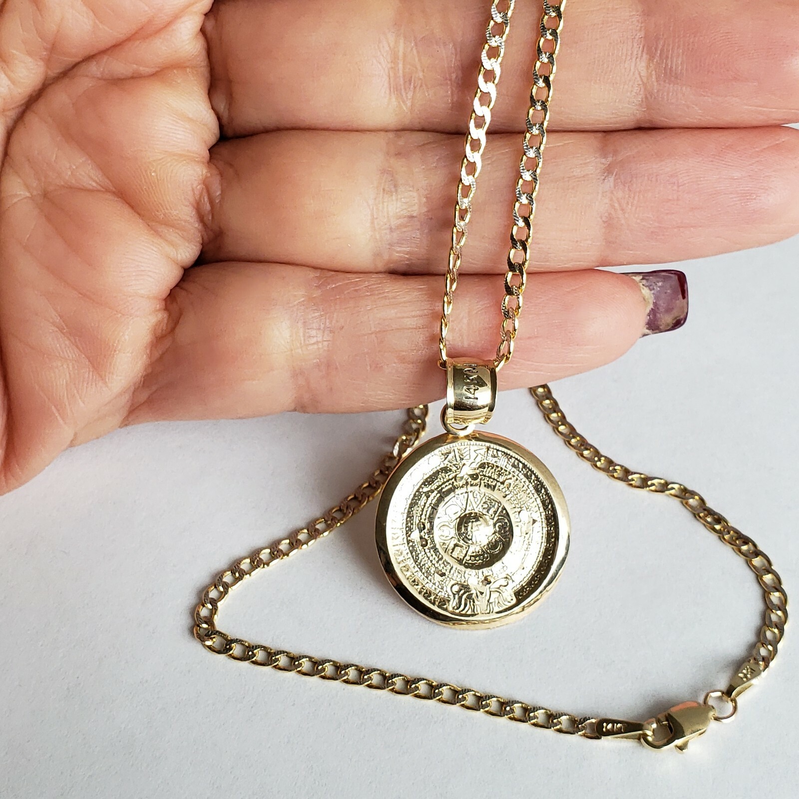 Solid 14k Yellow Gold Aztec Medallion Calendar Pendant 20 Inch cuban ...