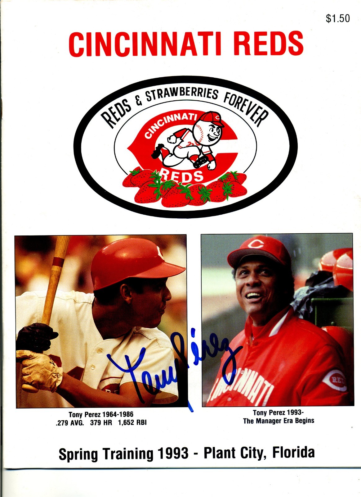 1993 Cincinnati Reds Spring Training Program Signed by Tony Perez ...