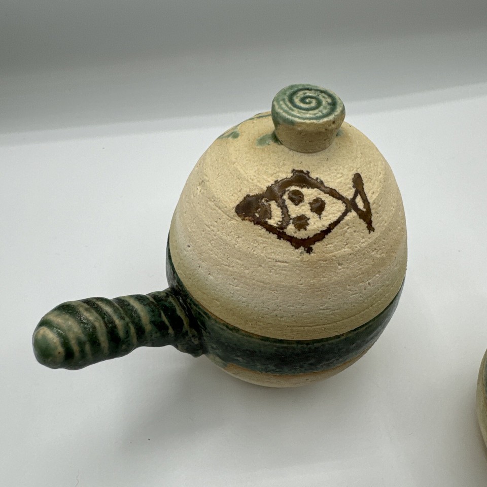 Vintage Neiman Marcus Pottery Pots de Creme Cups Green Glaze Fish ...