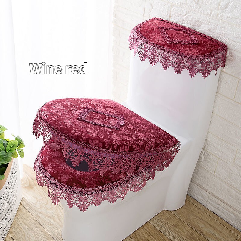 3PCS Velvet Toilet Seat Cover Set Lace Lid Pads Zipper Water Tank Cover ...