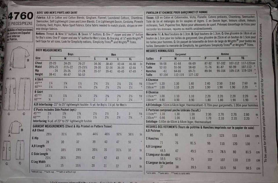 Boys/Men's Pants & Shirts Sewing Pattern (Sizes S-L/S-XL) Simplicity ...