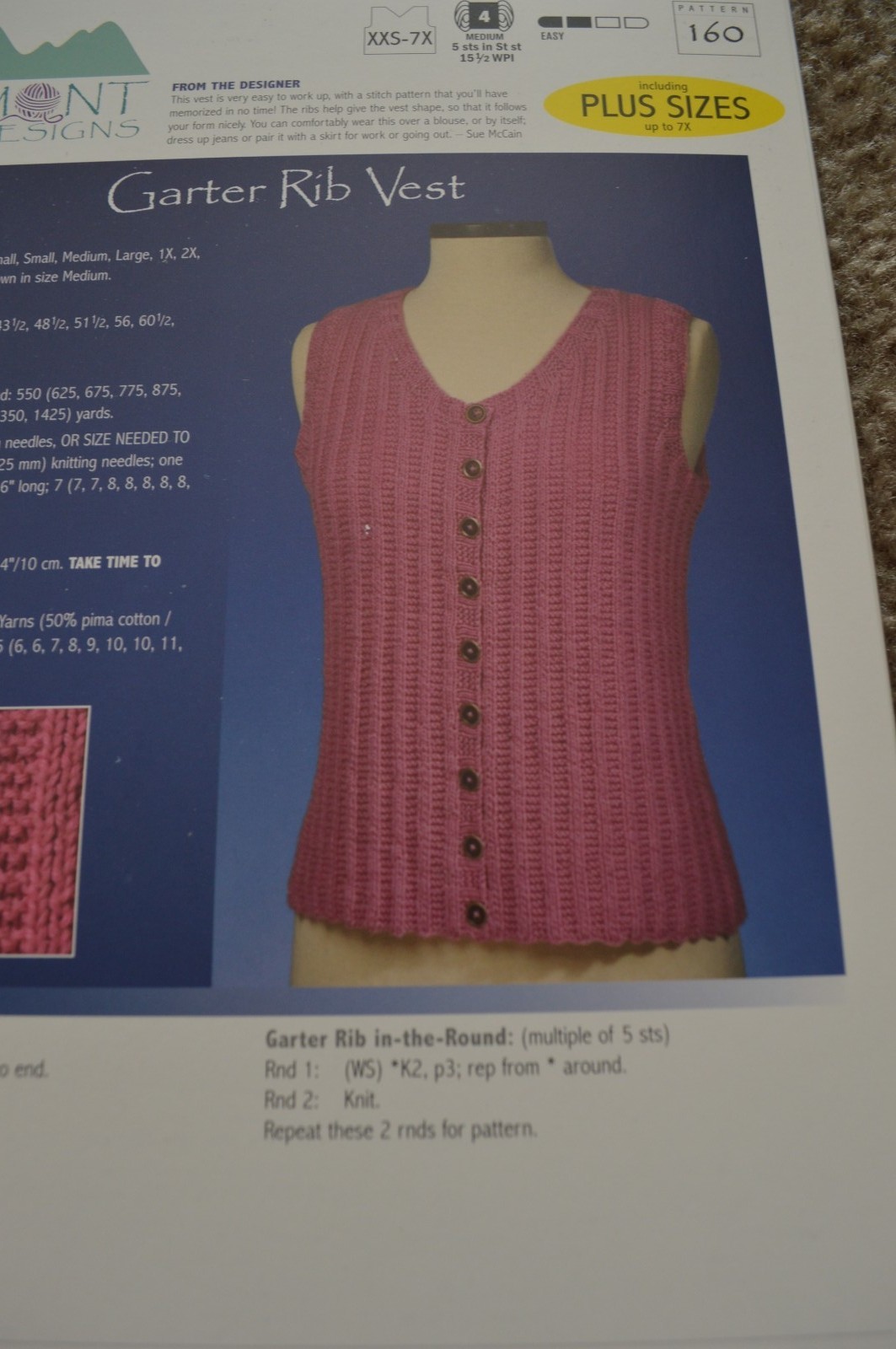Vermont Fiber Designs Knitting Pattern 160 Garter Rib Vest XXS-7X | eBay
