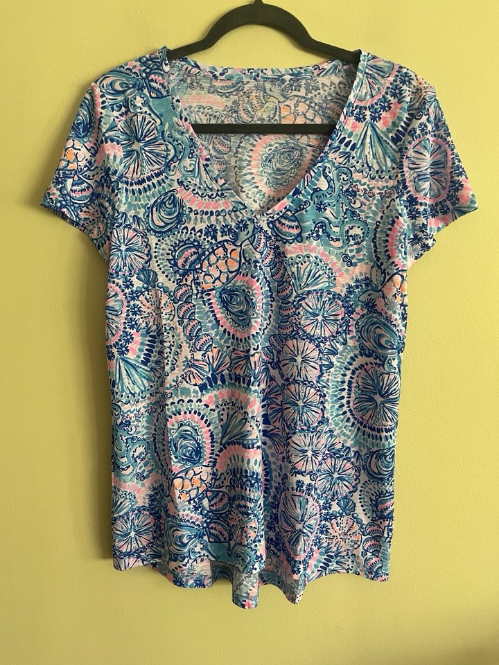 Lilly Pulitzer Etta V-Neck Top Blue Grotto Commotion In The Ocean Size ...