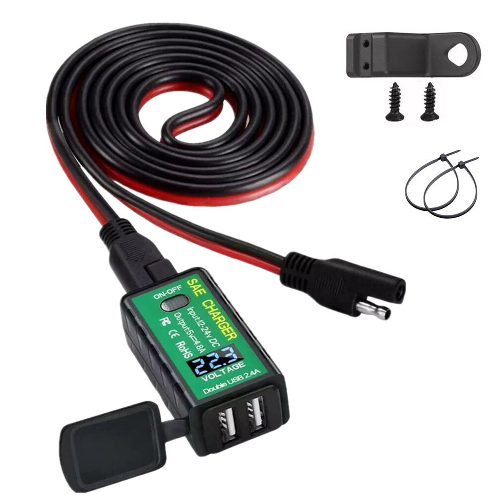 US Waterproof Motorcycle SAE To Dual USB Charger Port Voltmeter Adapter ...