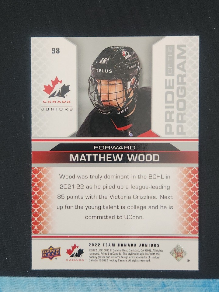 Matthew Wood 2022 Upper Deck Team Canada Juniors - Pride of the Program ...