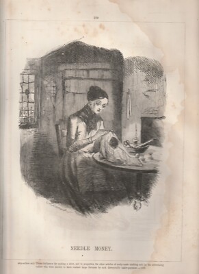 PUNCH , JOHN LEECH ORIGINAL PRINT , 1862 ,NEEDLE MONEY , UNDER PAYMENT ...