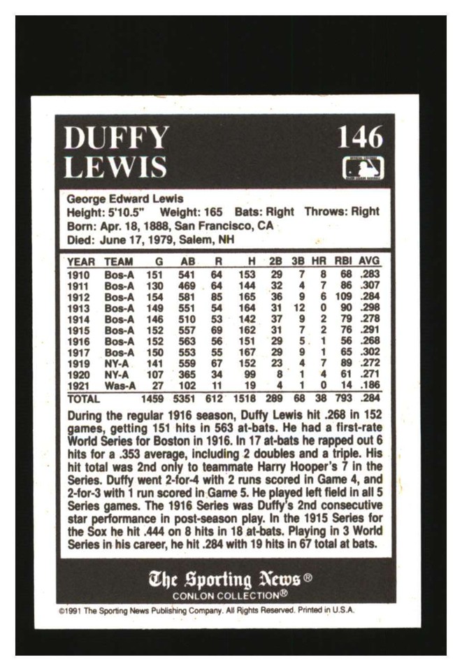 1991 Conlon Collection #146 Duffy Lewis Boston Red Sox NM-MT | eBay