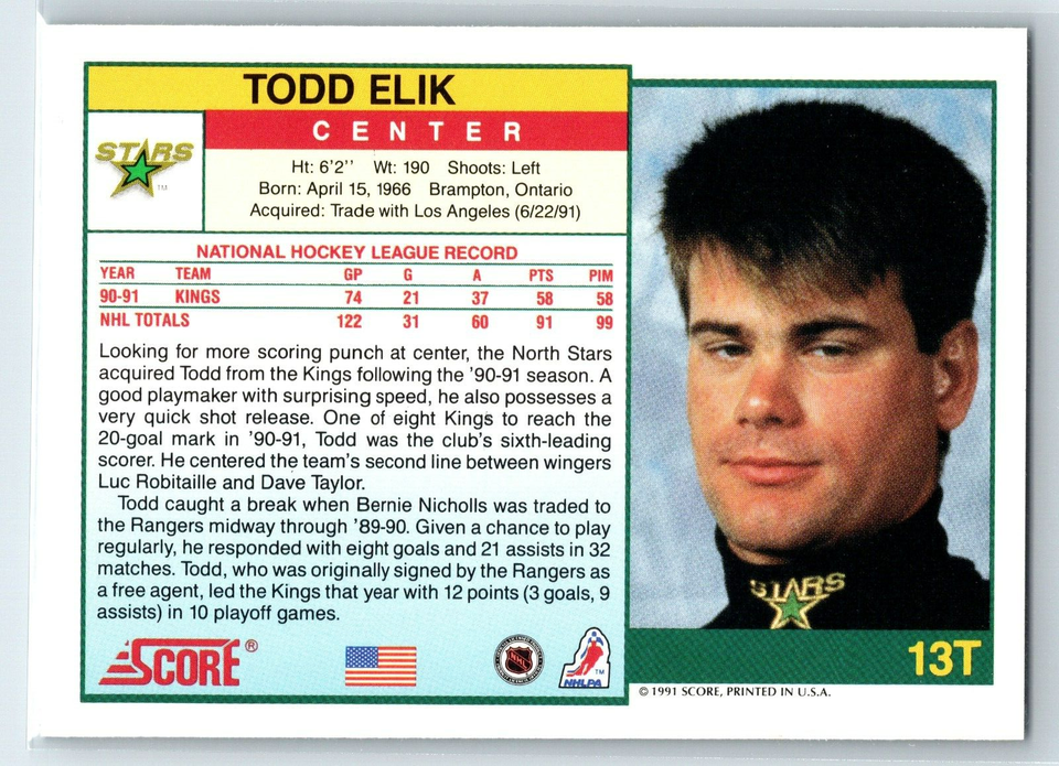 Todd Elik 1991 Score NHL Rookie and Traded #13T | eBay
