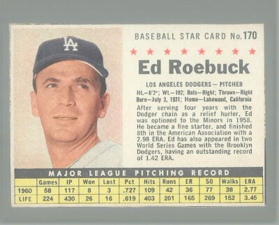 1961 POST BASEBALL #170 ED ROEBUCK NM+ LOS ANGELES DODGERS NICE VINTAGE ...