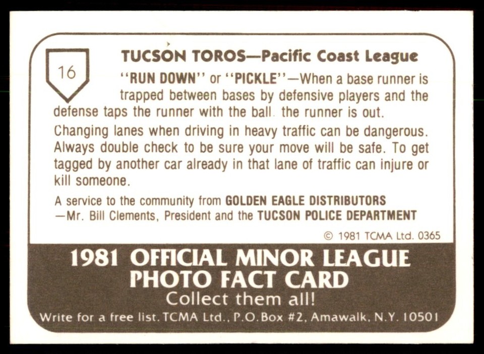 1981 TCMA Minor League Ron Meridith Tucson Toros #16 | eBay