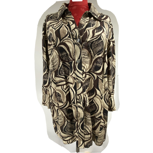 Womens 2X plus size linen rayon blend blouse casual brown tan abstract ...
