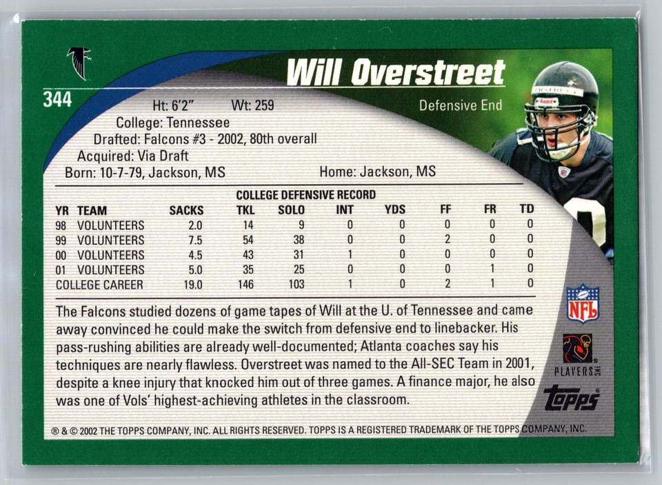 2002 TOPPS ROOKIE CARD # 344 Will Overstreet - Atlanta Falcons | eBay