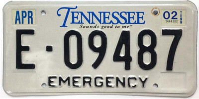 Tennessee 2002 Emergency Personnel License Plate 09487 Firefighter EMT ...