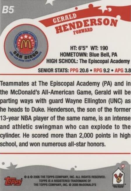 2006 Topps McDonald's High School All American - #B5 Gerald Henderson ...