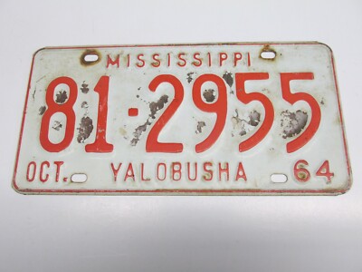 OLD ANTIQUE VINTAGE MISSISSIPPI LICENSE PLATE CAR TAG 1964 YALOBUSHA ...