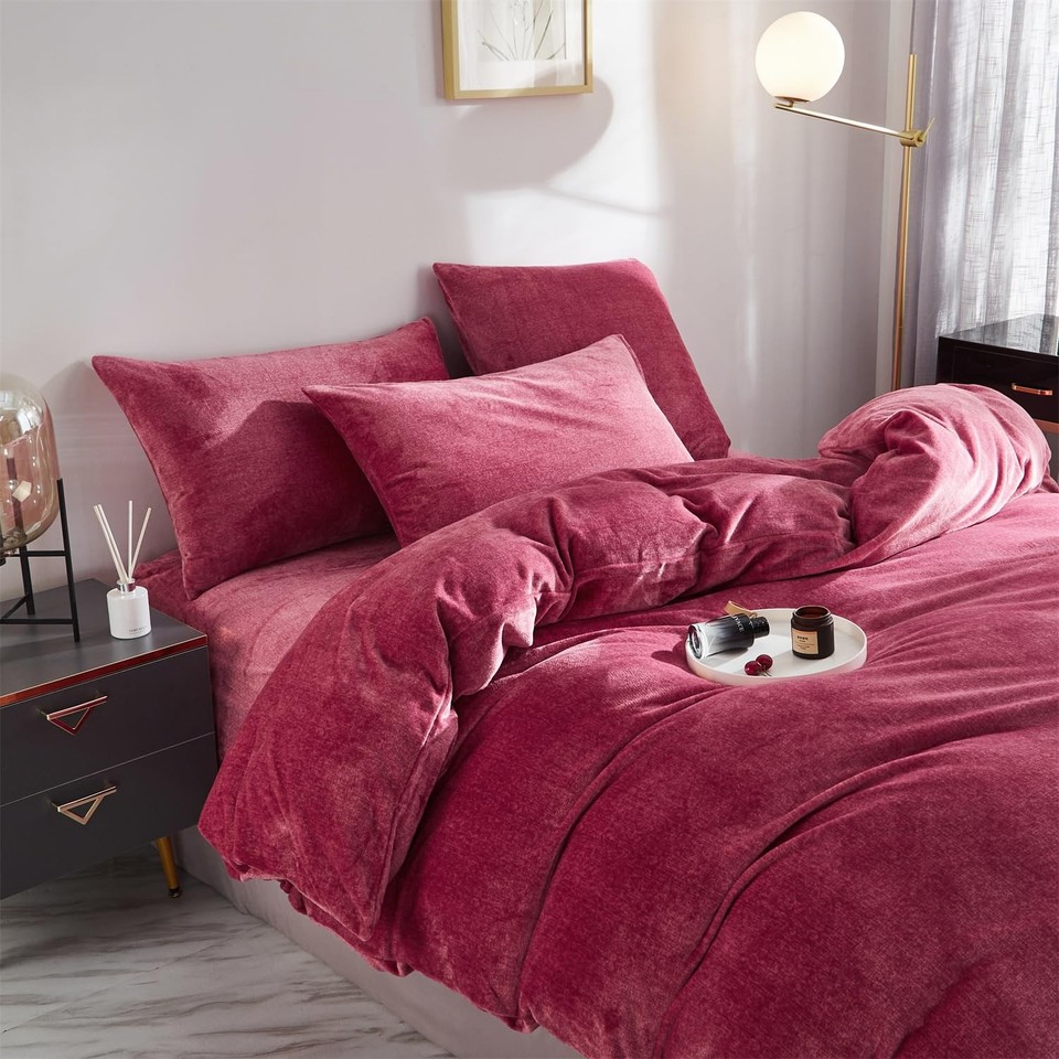 YASMENG Fluffy Velvet Duvet Cover Set Red King Size Fall Winter Soft ...