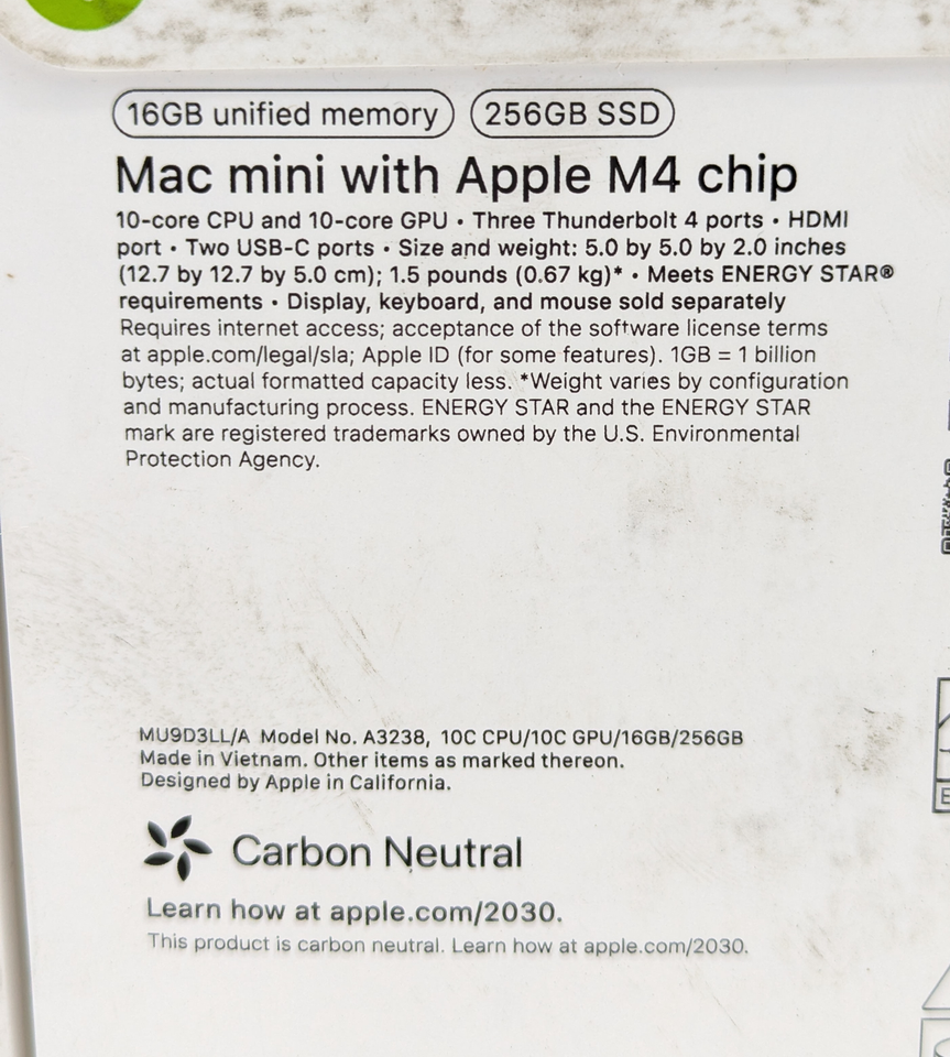 Apple Mac mini 2024 M4 10C CPU 10C GPU 16GB RAM 256GB SSD A3238 MU9D3LL ...