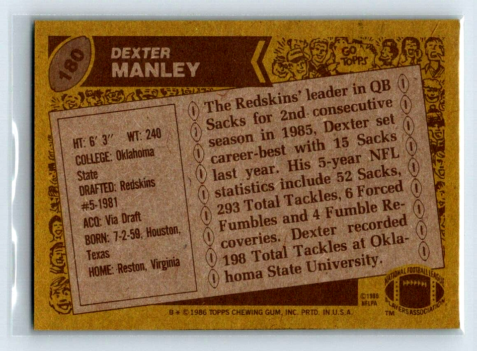 1986 NFL Topps Dexter Manley #180 Washington Redskins 86-TFBC | eBay