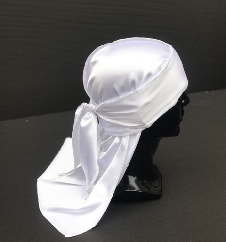 White Satin Durag Long Tail Head Scarf Turban Head Cap Stretch Wave ...