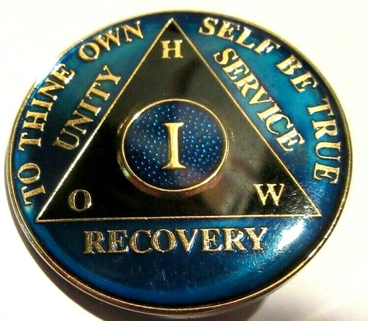1 Year Alcoholics Anonymous Blue AA HOW Medallion Coin Chip Token sober ...