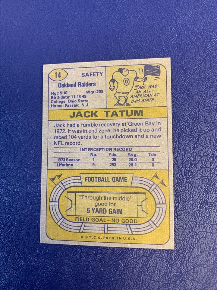 1974 Topps Football #14 Jack Tatum - Oakland Raiders - Sharp High Grade ...