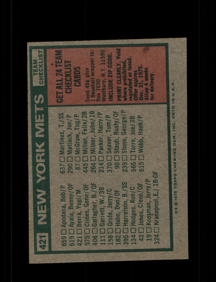 1975 NEW YORK METS TOPPS #421 TEAM CARD *G8126 | eBay