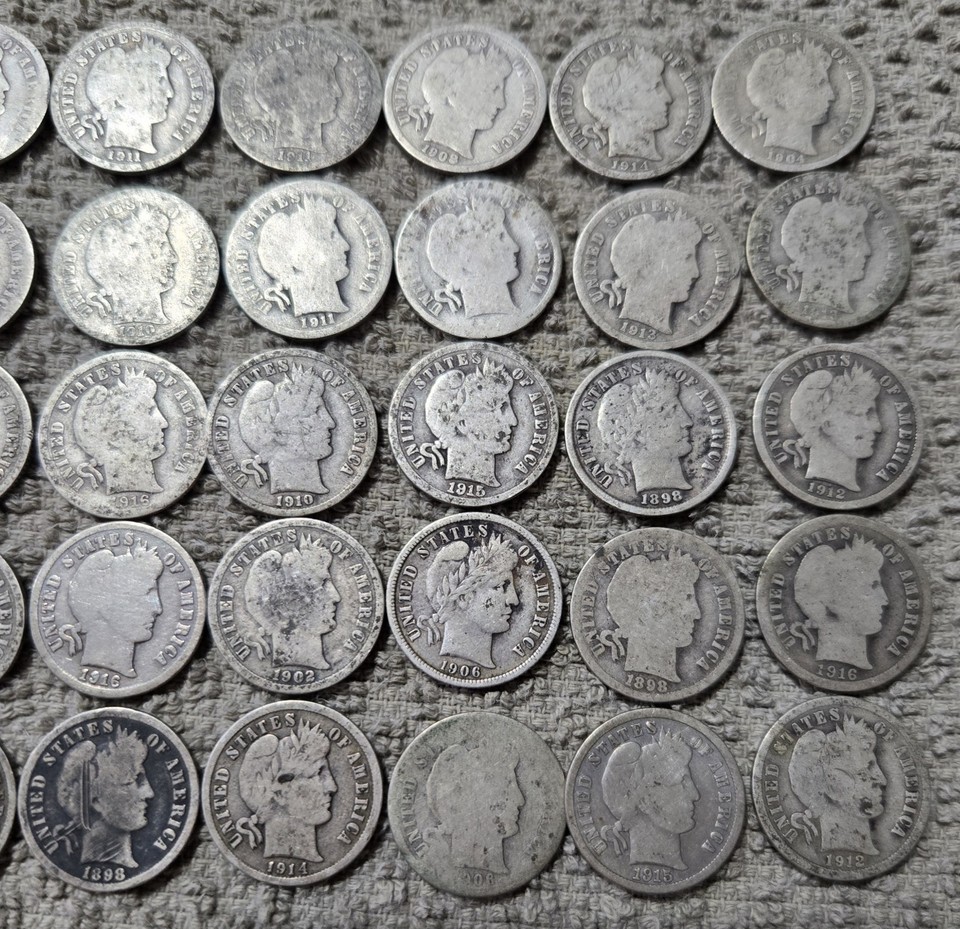 U.S. silver barber dime roll, 50 Mixed Date Dimes, Bullion, Vintage ...