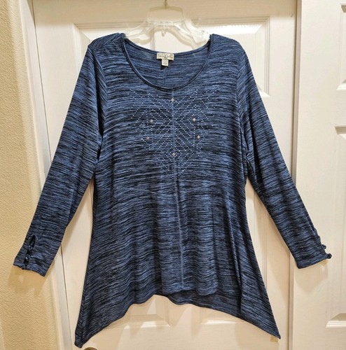 Women's 2X Blue & Black, Long Sleeve, A-Line Top with Bling | eBay