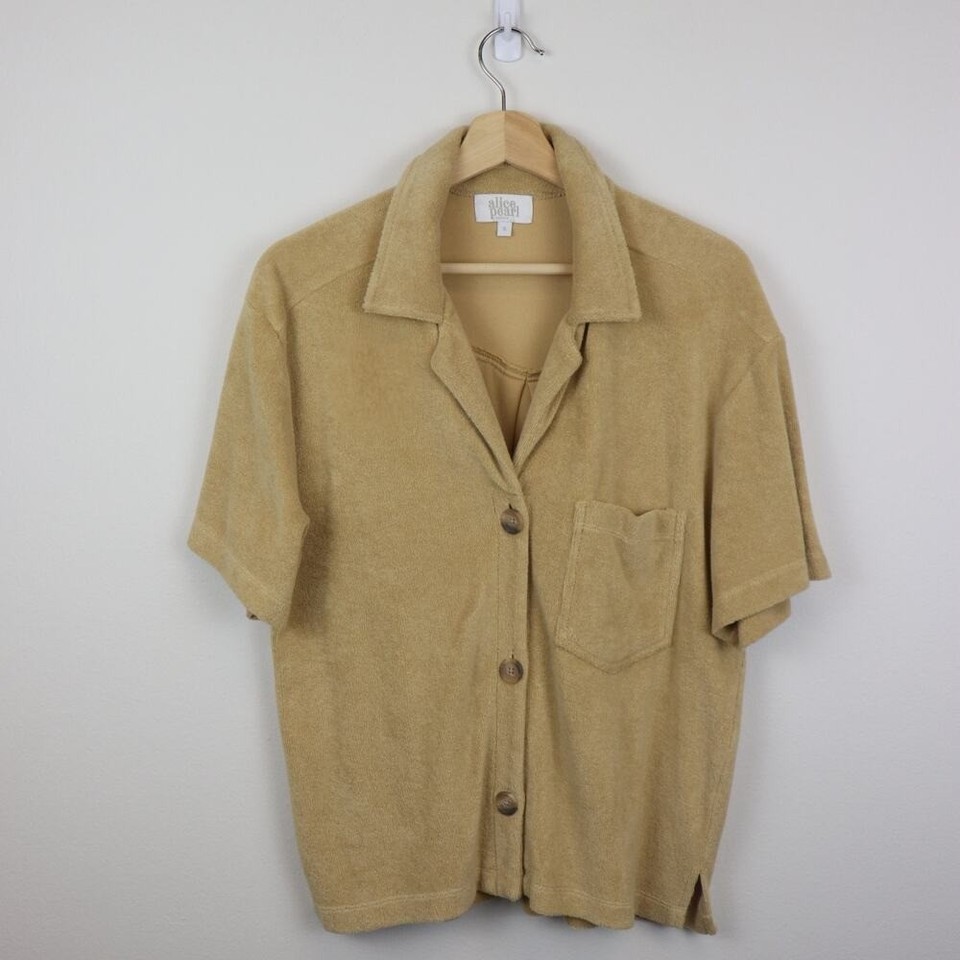 Alice Pearl Weekend Top Latte Tan Small Terry Cloth Button Down Short ...