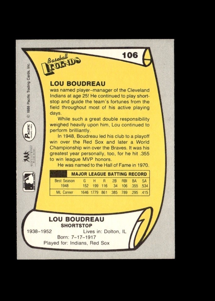Lou Boudreau 1988 Pacific Legends Red Sox authentic autographed card | eBay