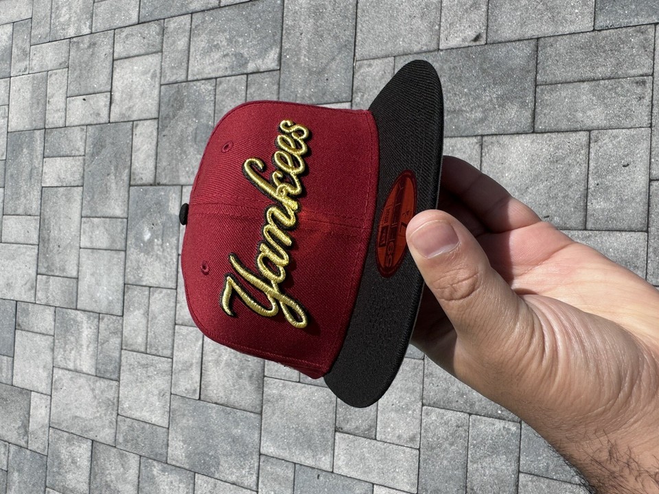 NEW ERA YORK YANKEES SCRIPT RED METALLIC GOLD WS PATCH FITTED 5950 HAT ...