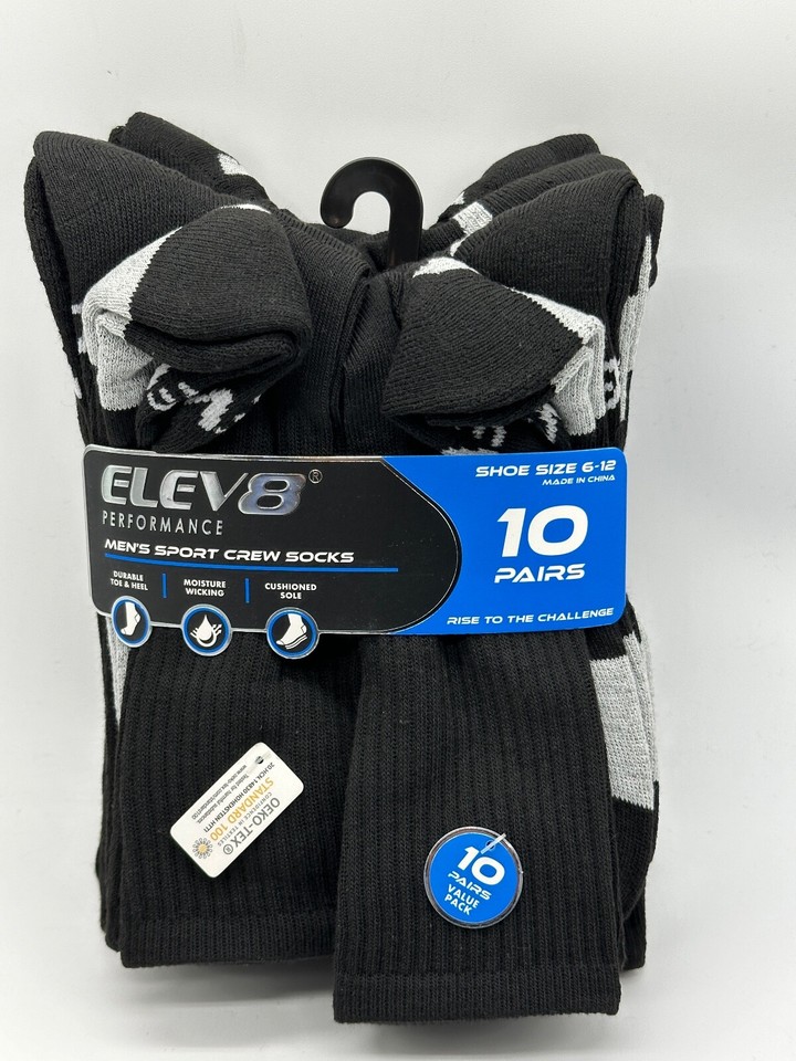 10 PAIR PACK ELEV8 MENS PERFORMANCE SPORT CREW SOCKS SIZE 6-12 CUSHIONED SOLE | eBay
