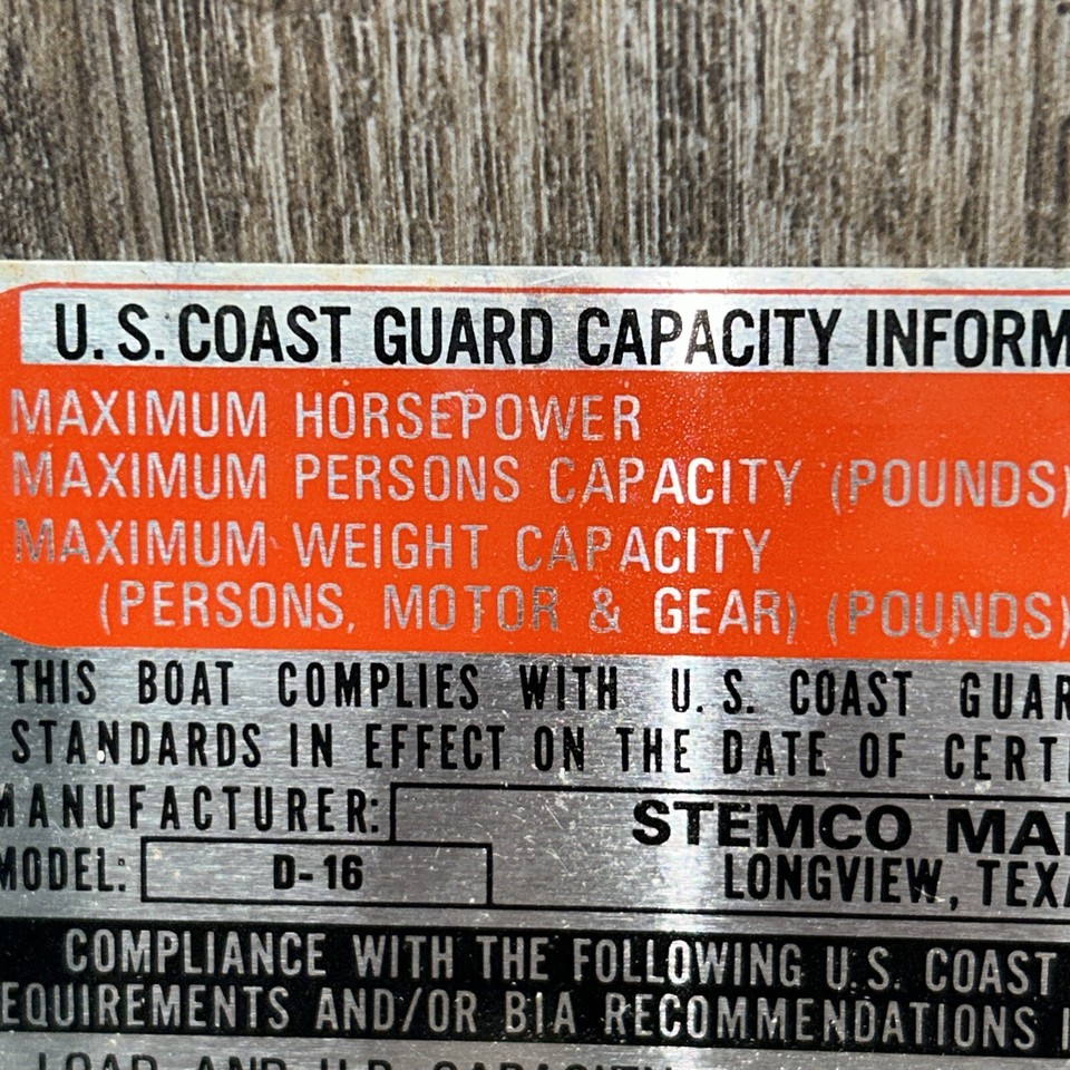 Vintage U.S. Coast Guard Capacity Plate Stemco Marine Longview Tx # D ...