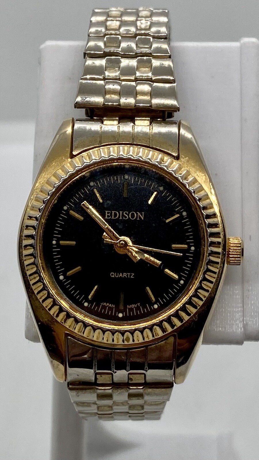VTG EDISON Ladies Quartz Watch Black Dial Silver/Gold 6” Expansion Band ...