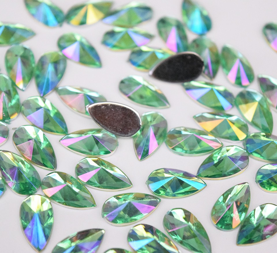 100 pcs Acrylic Rhinestone Teardrop Color AB Flat Back Jewels Faceted ...
