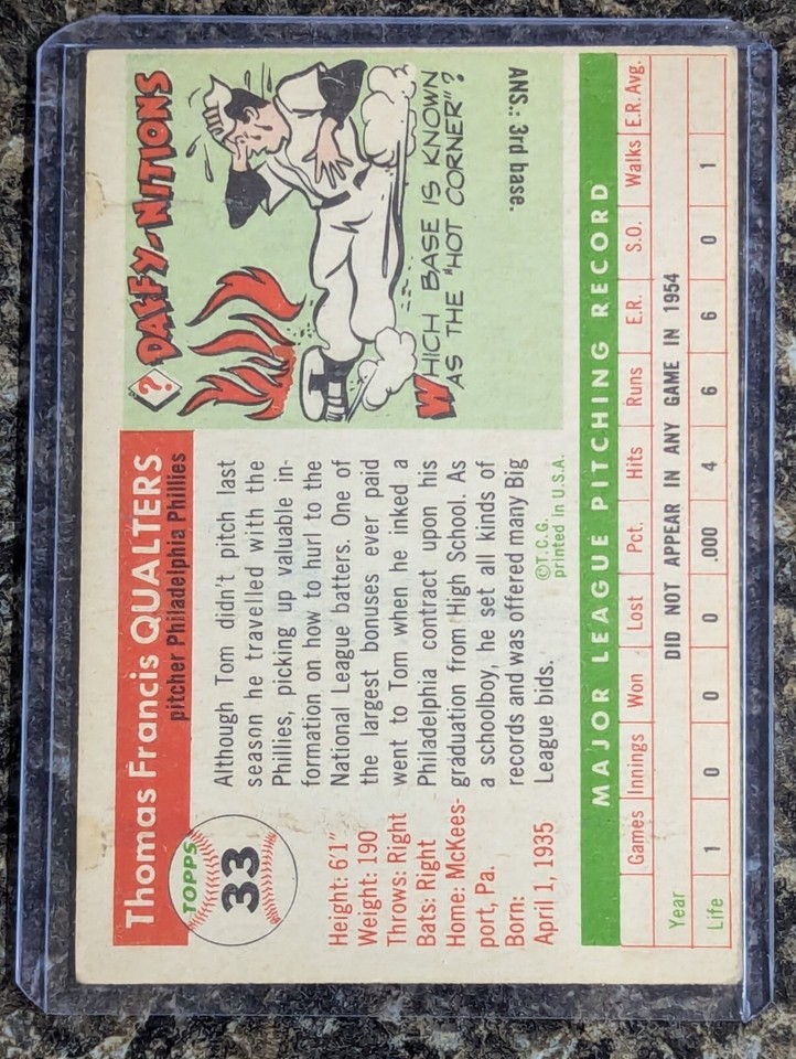 1955 Topps #33 Tom Qualters Philadelphia Phillies Auto Autograph *READ ...