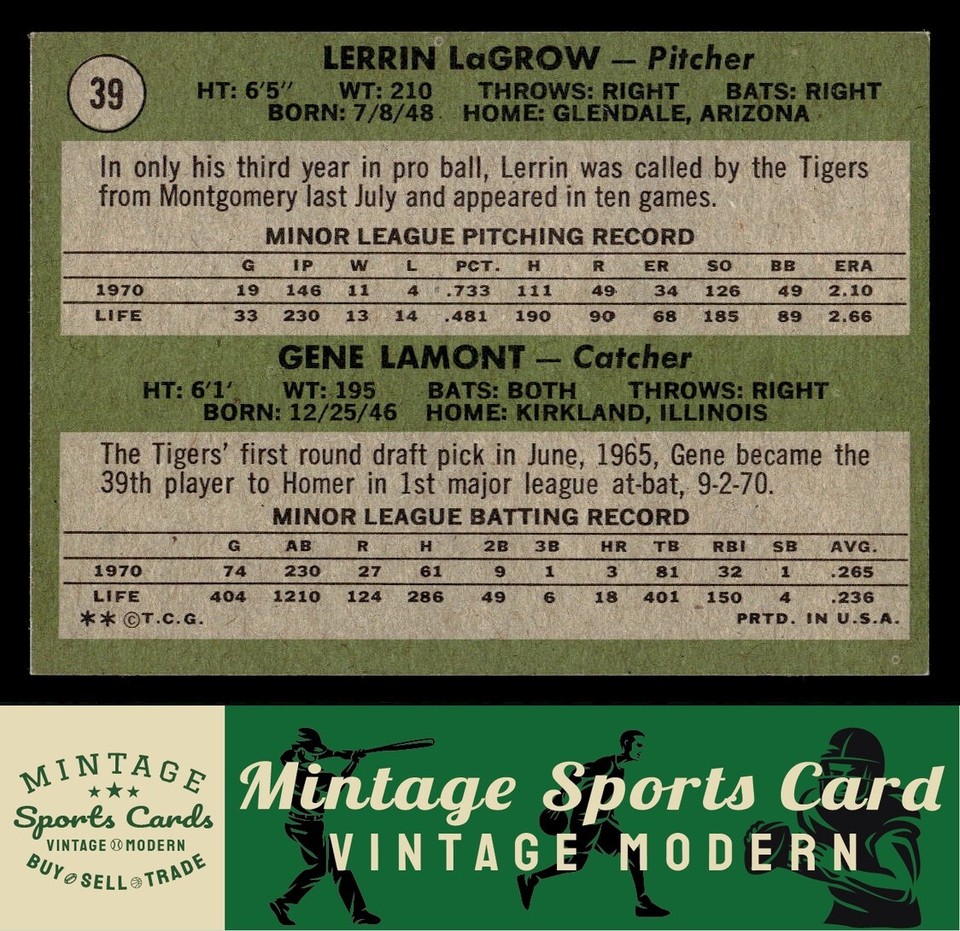 1971 Topps - Rookie Stars - Lerrin LaGrow / Gene Lamont - RC #39 ...