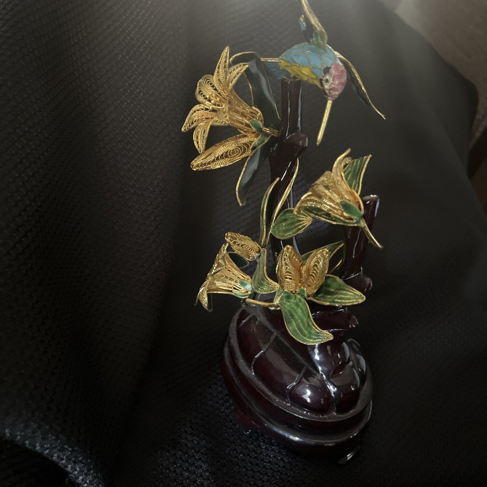 Cloisonné Hummingbird And Flower Gold Filigree Sculpture | eBay