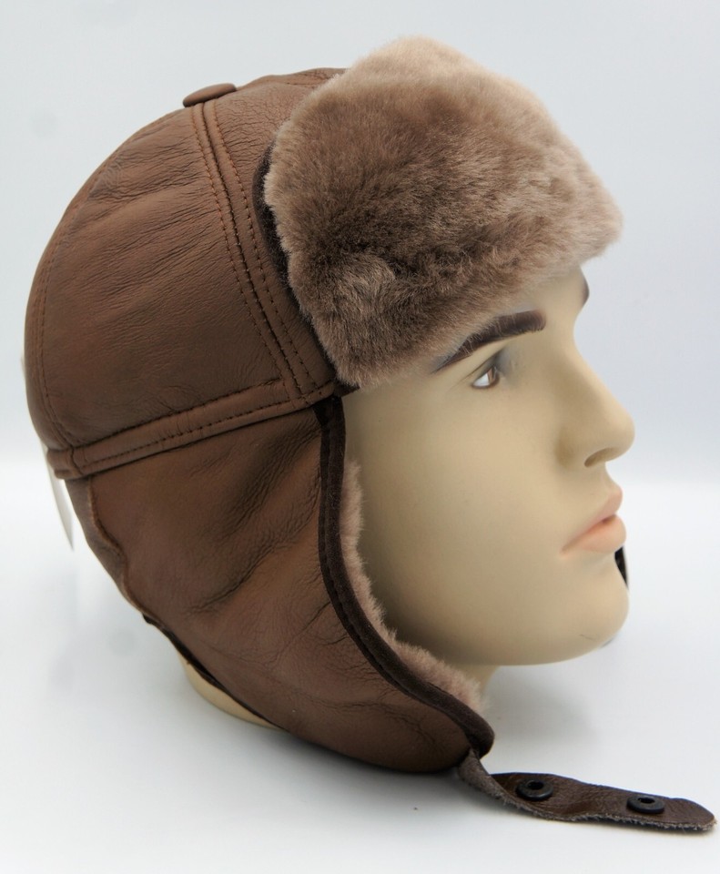 100% Real Sheepskin leather Aviator Trapper Ushanka Hunting Hat S-3X ...