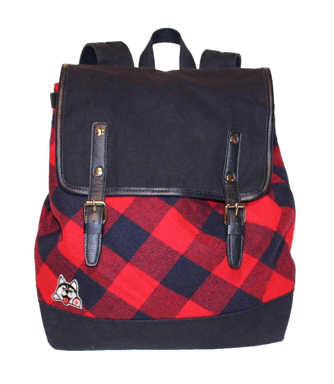 Lands End Navy & Red Buffalo Check Flannel & Canvas Backpack Bookbag ...