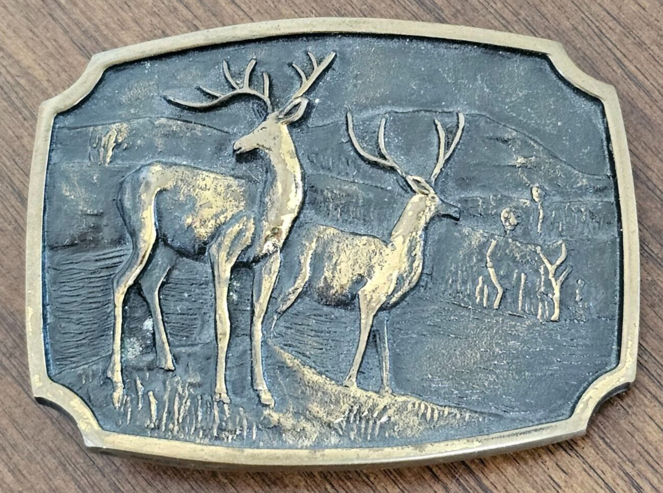 Vintage BTS 1978 Buck and Deer Solid Brass Belt Buckle - Gem